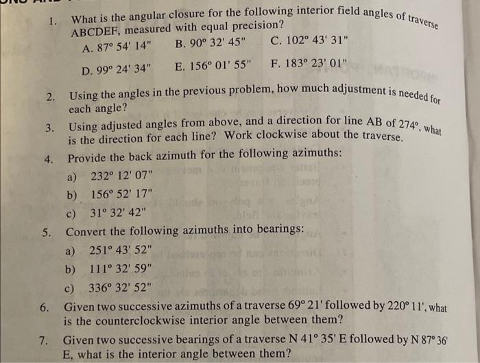 1. What is the angular closure for the following | Chegg.com