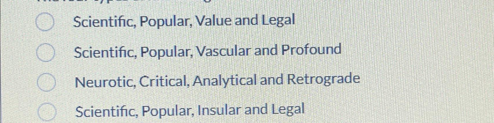 Solved Scientific, Popular, Value and LegalScientific, | Chegg.com