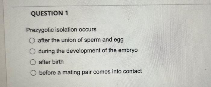 Solved Prezygotic isolation occurs after the union of sperm | Chegg.com