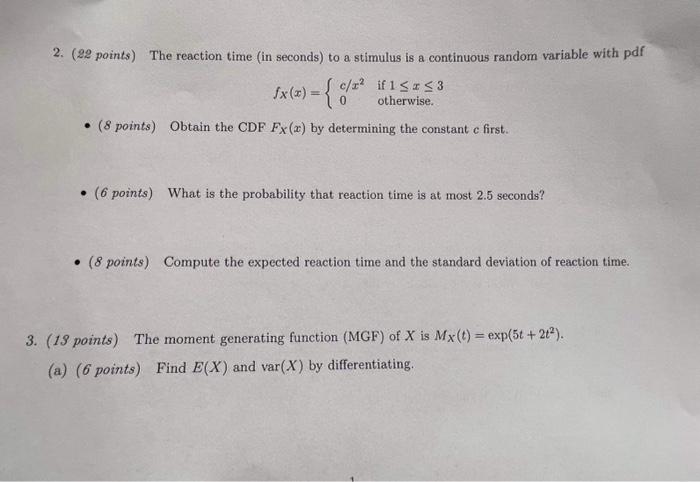 Solved 2. (22 points) The reaction time (in seconds) to a | Chegg.com