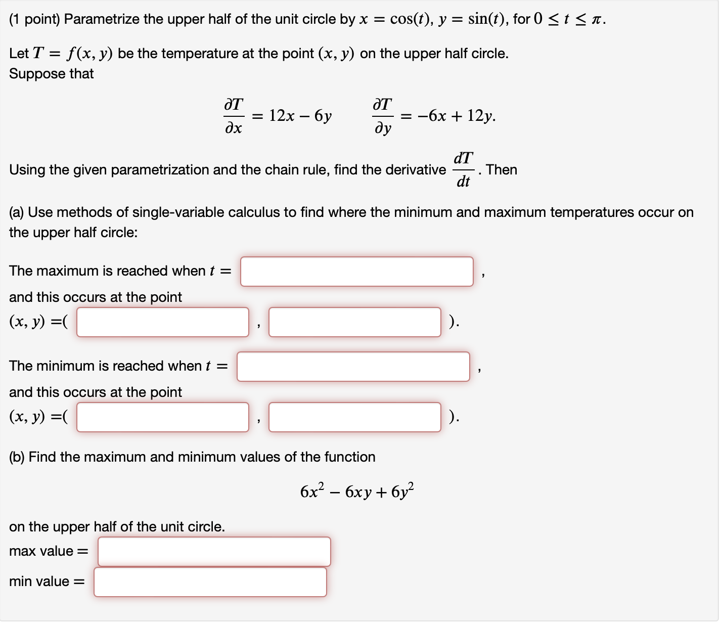 Solved (1 ﻿point) ﻿Parametrize the upper half of the unit | Chegg.com