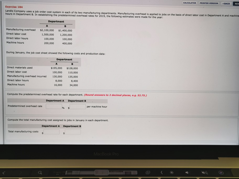 Solved CALCULATOR PRINTER VERSION « BACK NEX Exercise 184 | Chegg.com