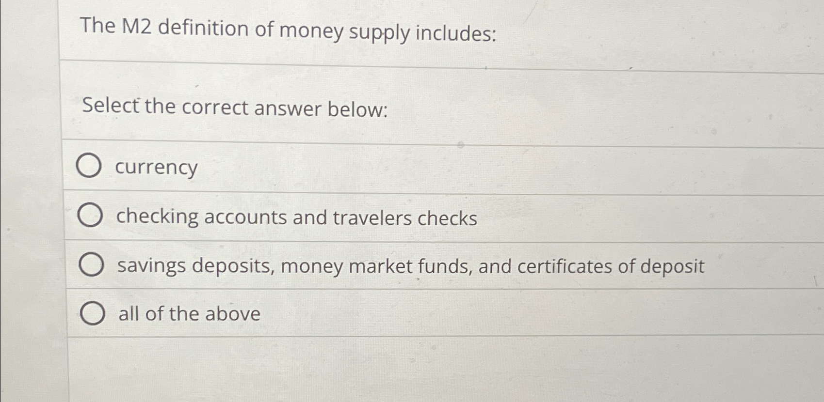 Solved The M2 ﻿definition of money supply includes:Select | Chegg.com