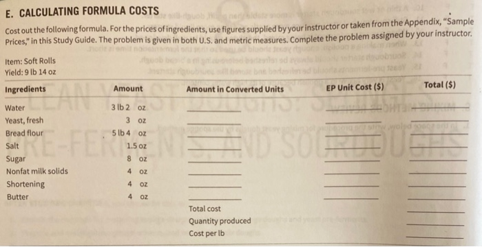 Solved E. CALCULATING FORMULA COSTS Cost out the following | Chegg.com