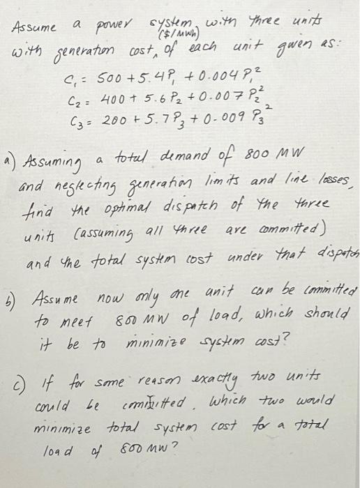 Solved Assume a power system with three units ($/MWh) with | Chegg.com