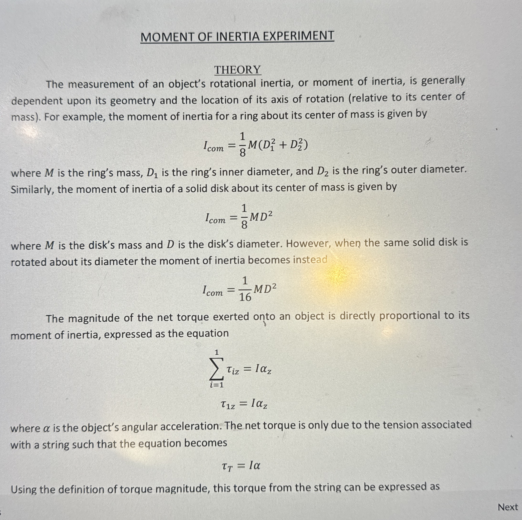 Solved MOMENT OF INERTIA EXPERIMENTTHEORYThe measurement of | Chegg.com
