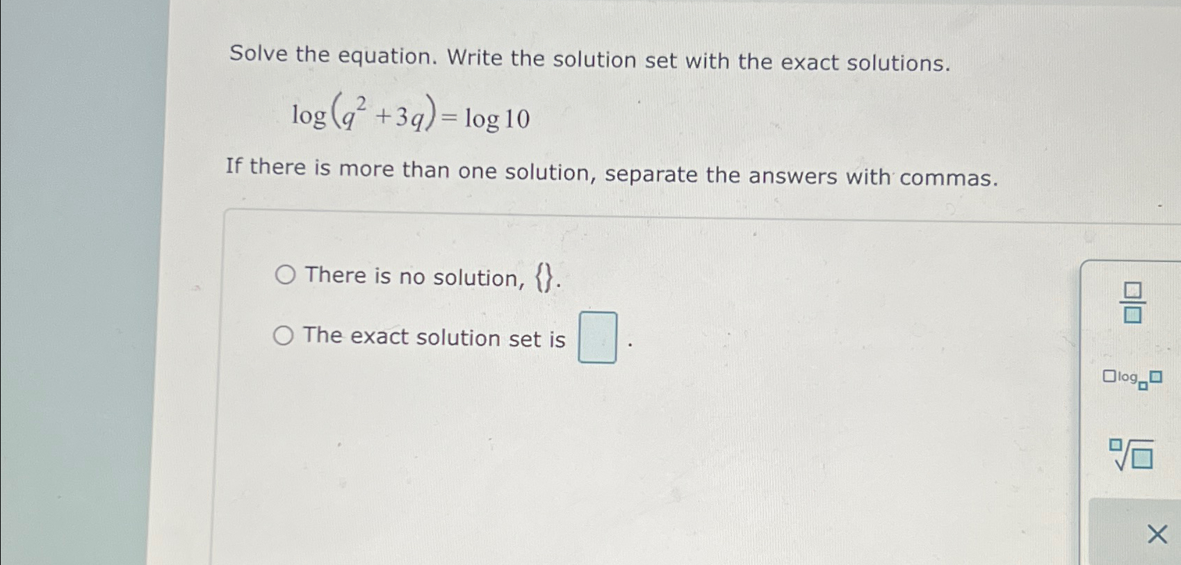 Solved Solve the equation. Write the solution set with the | Chegg.com