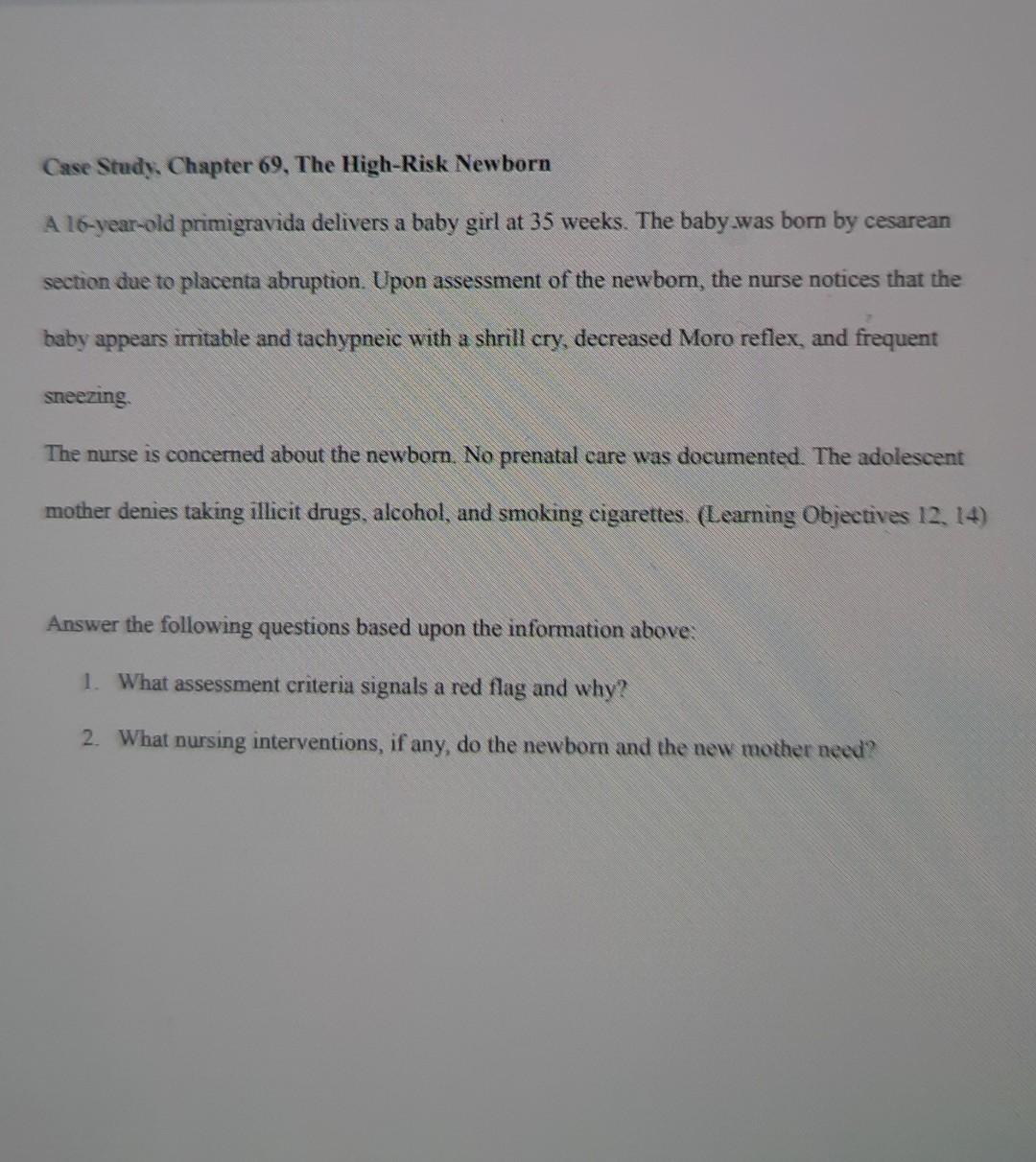 Solved Case Study. Chapter 69, The High-Risk Newborn A | Chegg.com