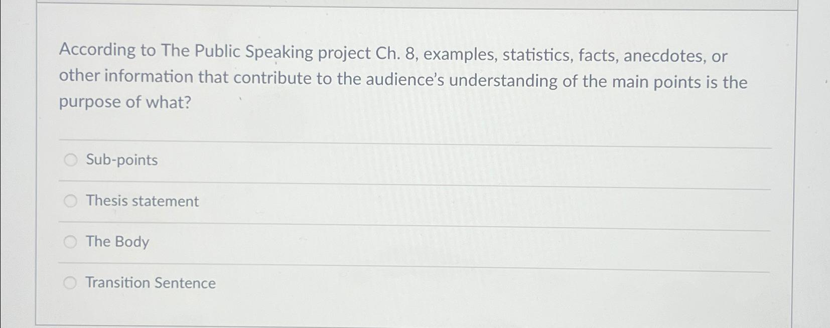 Solved According to The Public Speaking project Ch. 8, | Chegg.com
