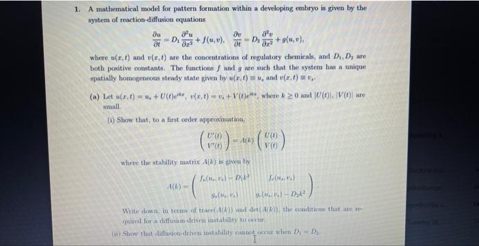 1. A mathenatical sodel for pattern formation within | Chegg.com