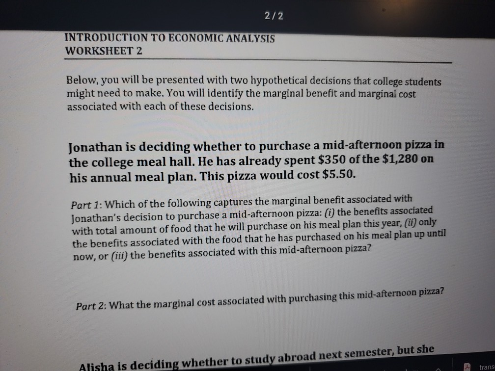 Solved 2/2 INTRODUCTION TO ECONOMIC ANALYSIS WORKSHEET 2 | Chegg.com