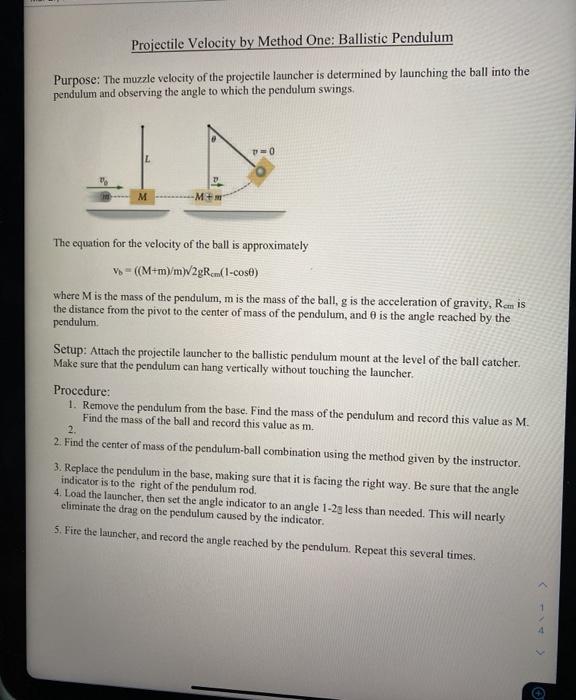 Solved Projectile Velocity by Method One: Ballistic Pendulum | Chegg.com