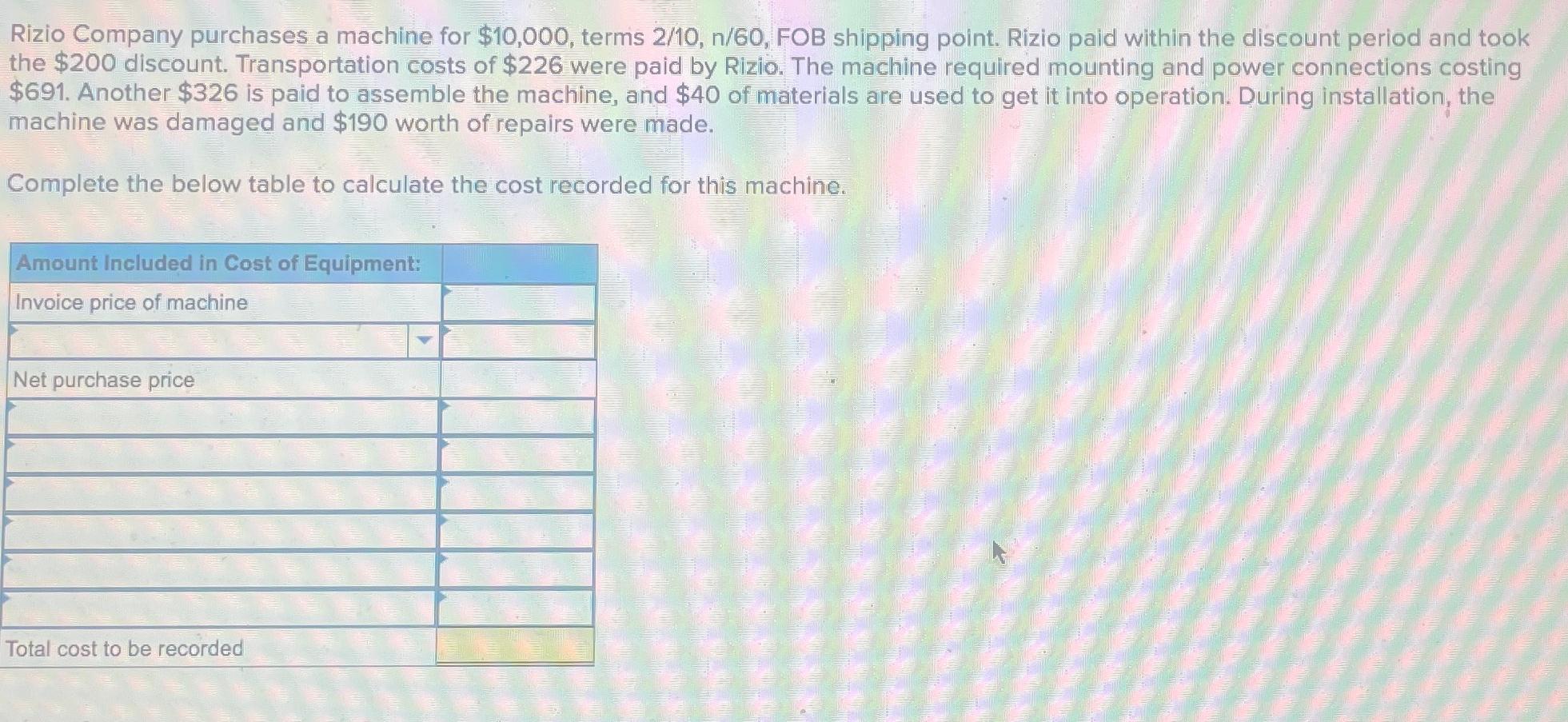 Solved Rizio Company purchases a machine for $10,000, ﻿terms | Chegg.com