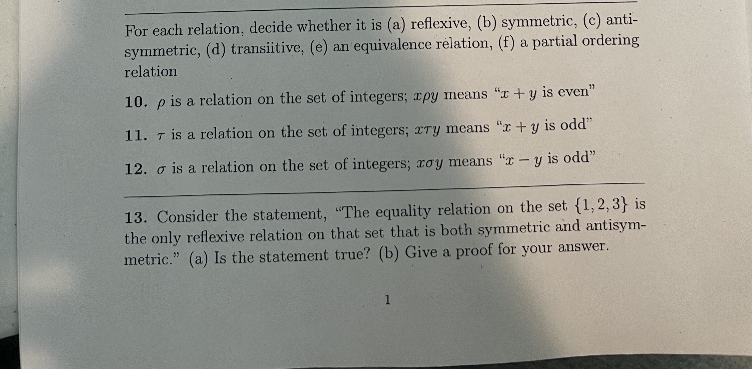 Solved For each relation, decide whether it is (a) | Chegg.com
