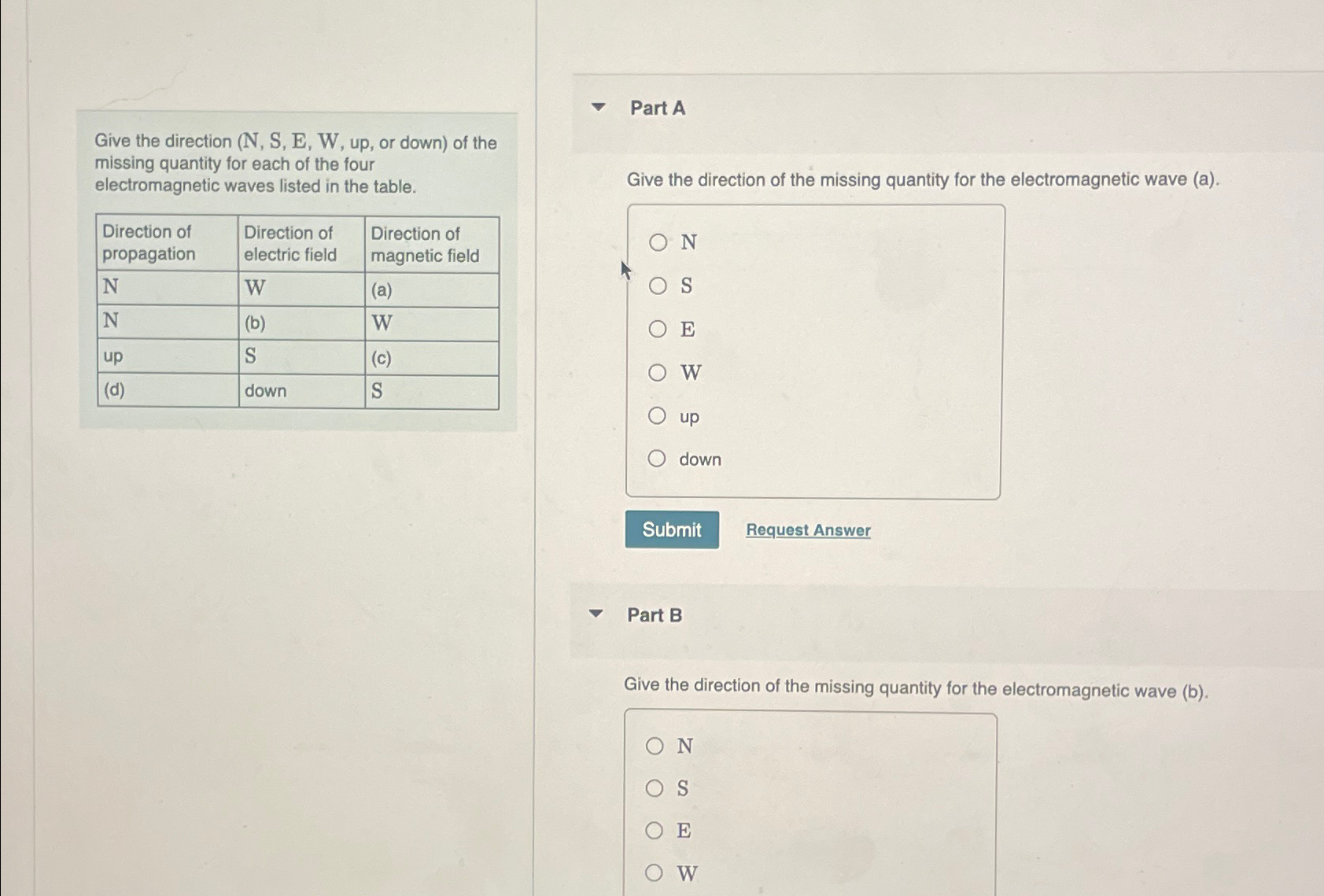 Solved Give the direction (N, ﻿S, ﻿E, ﻿W, ﻿up, ﻿or down) ﻿of | Chegg.com