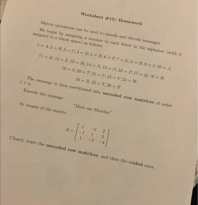 Solved Worksheet #13/ Homework Matrix operations can be used | Chegg.com