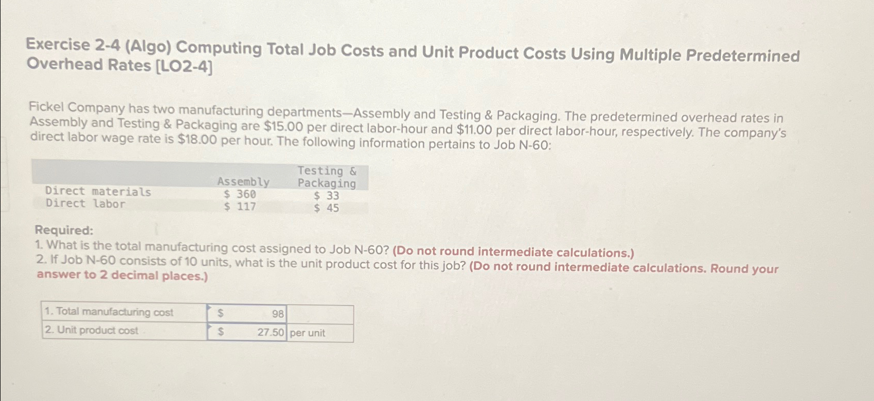 Solved Exercise 2-4 (Algo) ﻿Computing Total Job Costs and | Chegg.com