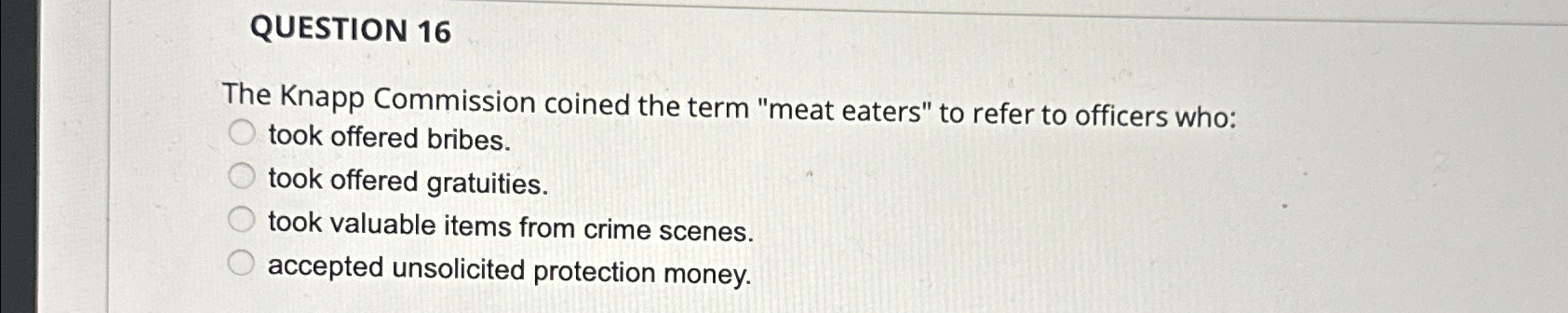 Solved QUESTION 16The Knapp Commission coined the term "meat | Chegg.com