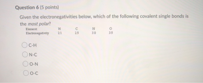 Solved Question 6 (5 points) Given the electronegativities | Chegg.com