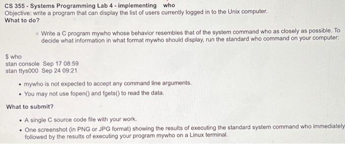 Solved CS 355 - Systems Programming Lab 4 - implementing who | Chegg.com
