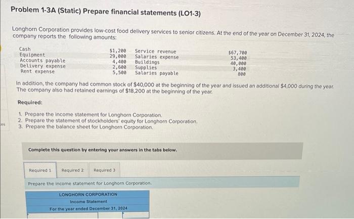 Solved Problem 1-3A (Static) Prepare financial statements | Chegg.com
