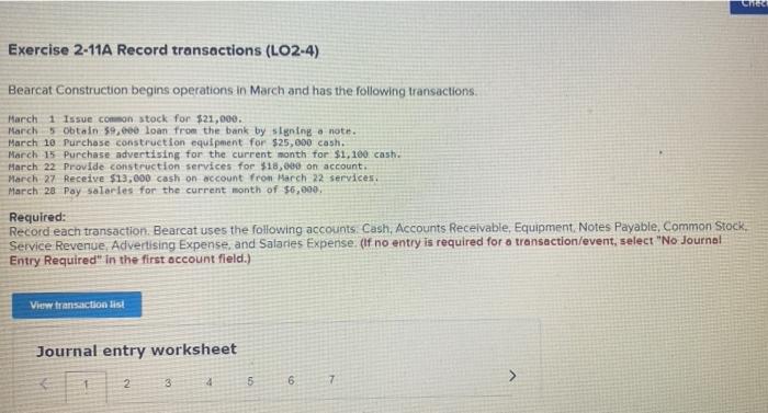 Solved Chec Exercise 2-11A Record transactions (LO2-4) | Chegg.com