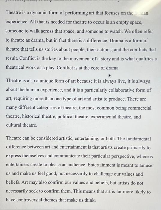 Intro into Theatre: 300 word discussion on the | Chegg.com