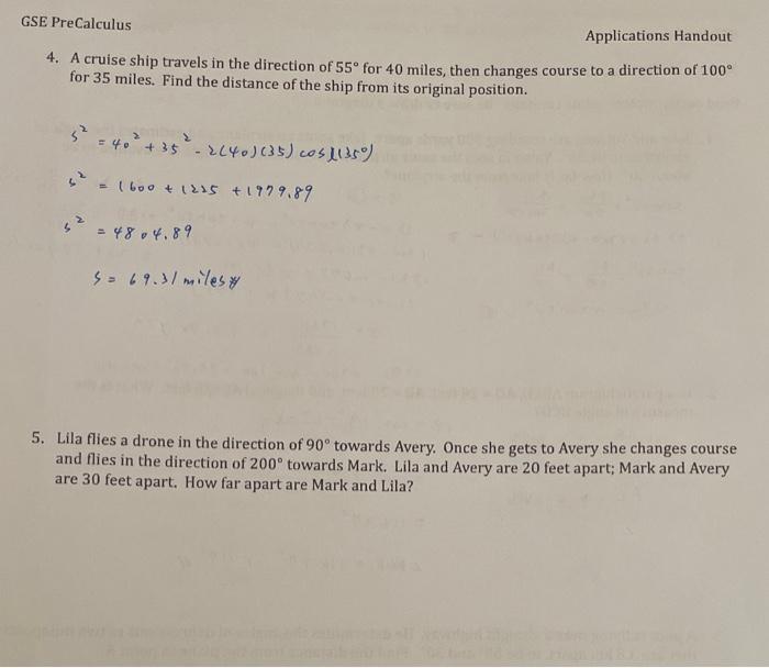 Solved GSE PreCalculus Applications Handout 4. A cruise ship | Chegg.com