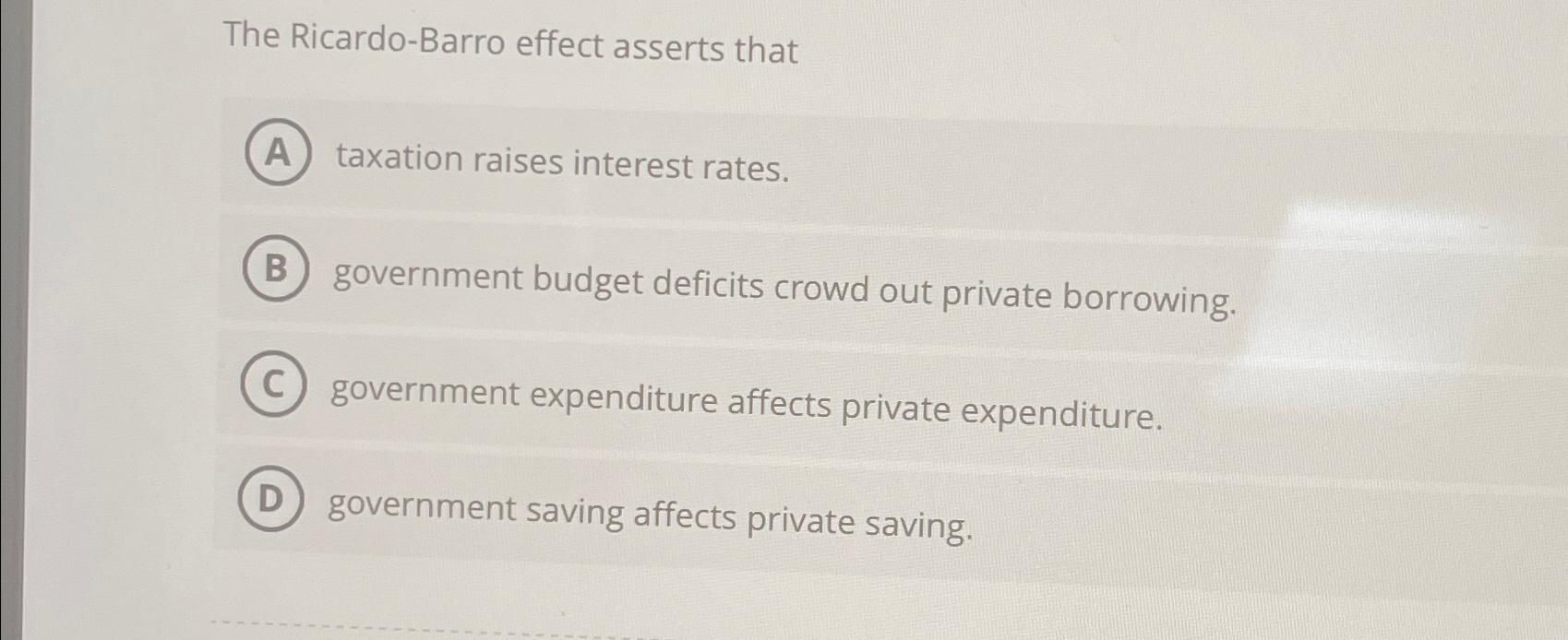 Solved The Ricardo-Barro effect asserts thattaxation raises | Chegg.com