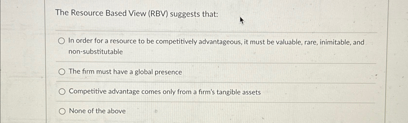 Solved The Resource Based View (RBV) ﻿suggests that:In order | Chegg.com