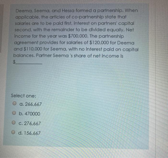 Solved Deema, Seema, and Hessa formed a partnership. When | Chegg.com