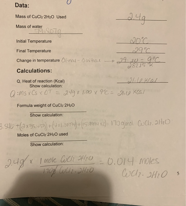 Solved Data: Mass of CuCl2 2H20 Used Mass of water Initial | Chegg.com