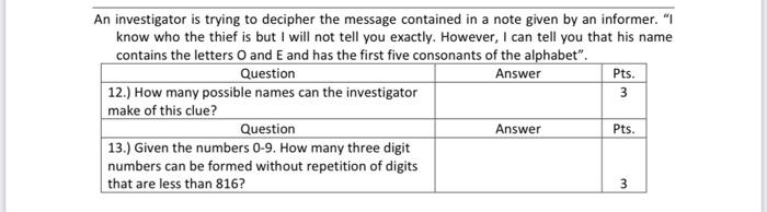 Solved An investigator is trying to decipher the message | Chegg.com