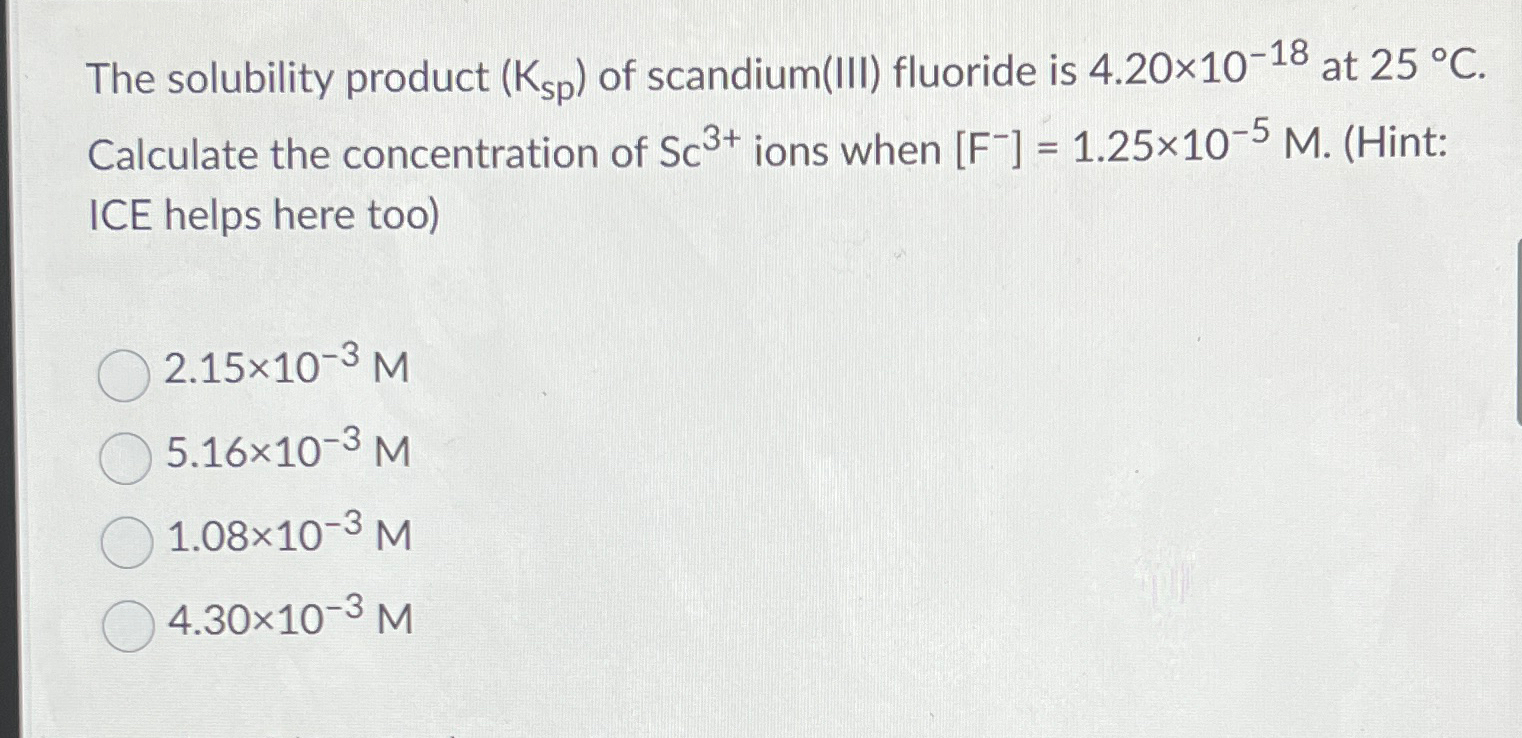 Solved The solubility product ) ﻿of scandium(III) ﻿fluoride | Chegg.com