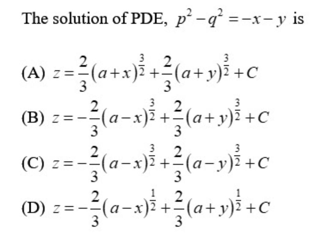 Solved The solution of PDE, p2−q2=−x−y (A) | Chegg.com