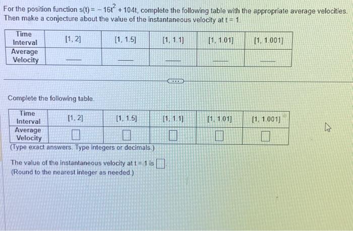 Solved For the position function s(t)=−16t2+104t, complete | Chegg.com