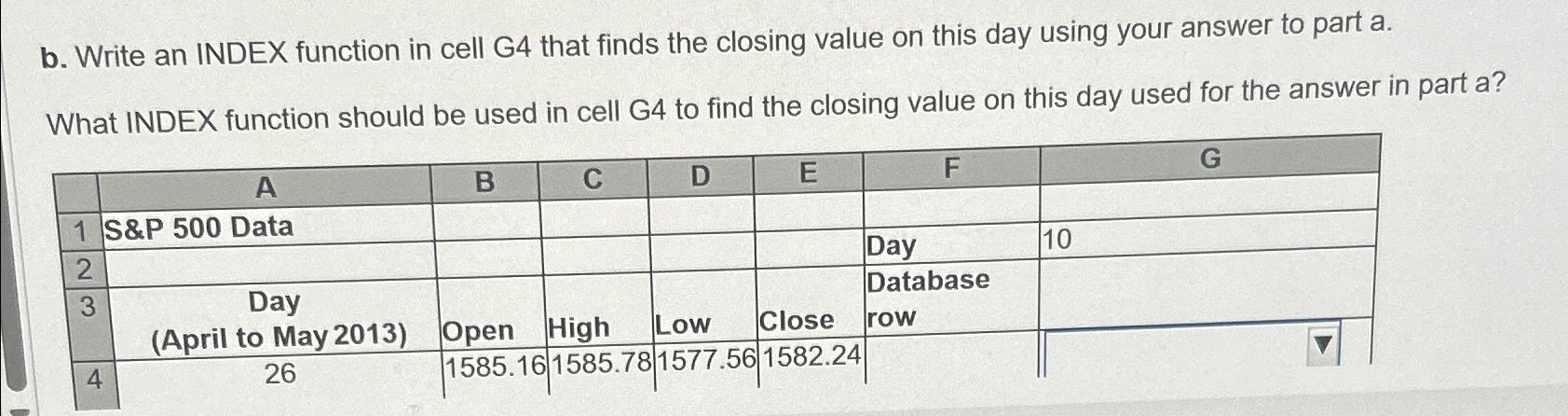 Solved b. ﻿Write an INDEX function in cell G4 ﻿that finds | Chegg.com