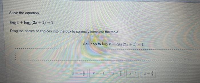 Solved Solve the equation. log3x+log3(2x+1)=1 Drag the | Chegg.com