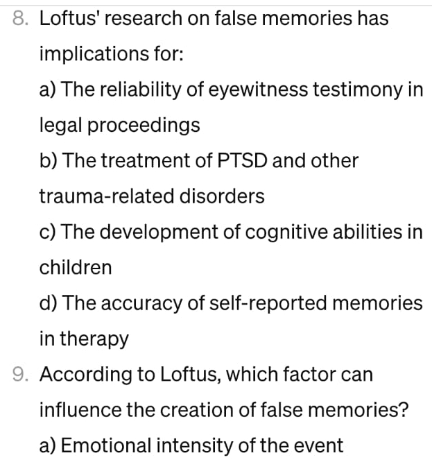 Solved Loftus' research on false memories has implications | Chegg.com