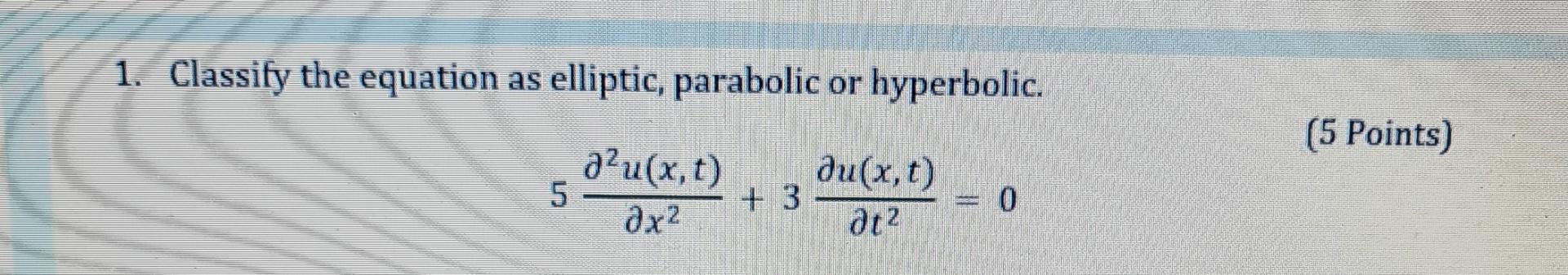 Solved 1. Classify the equation as elliptic, parabolic or | Chegg.com