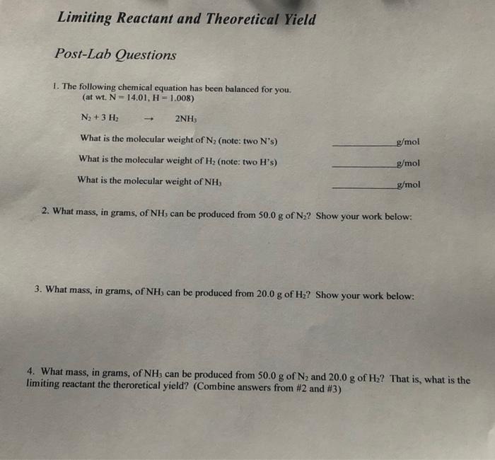 Solved Limiting Reactant and Theoretical Yield Post-Lab | Chegg.com