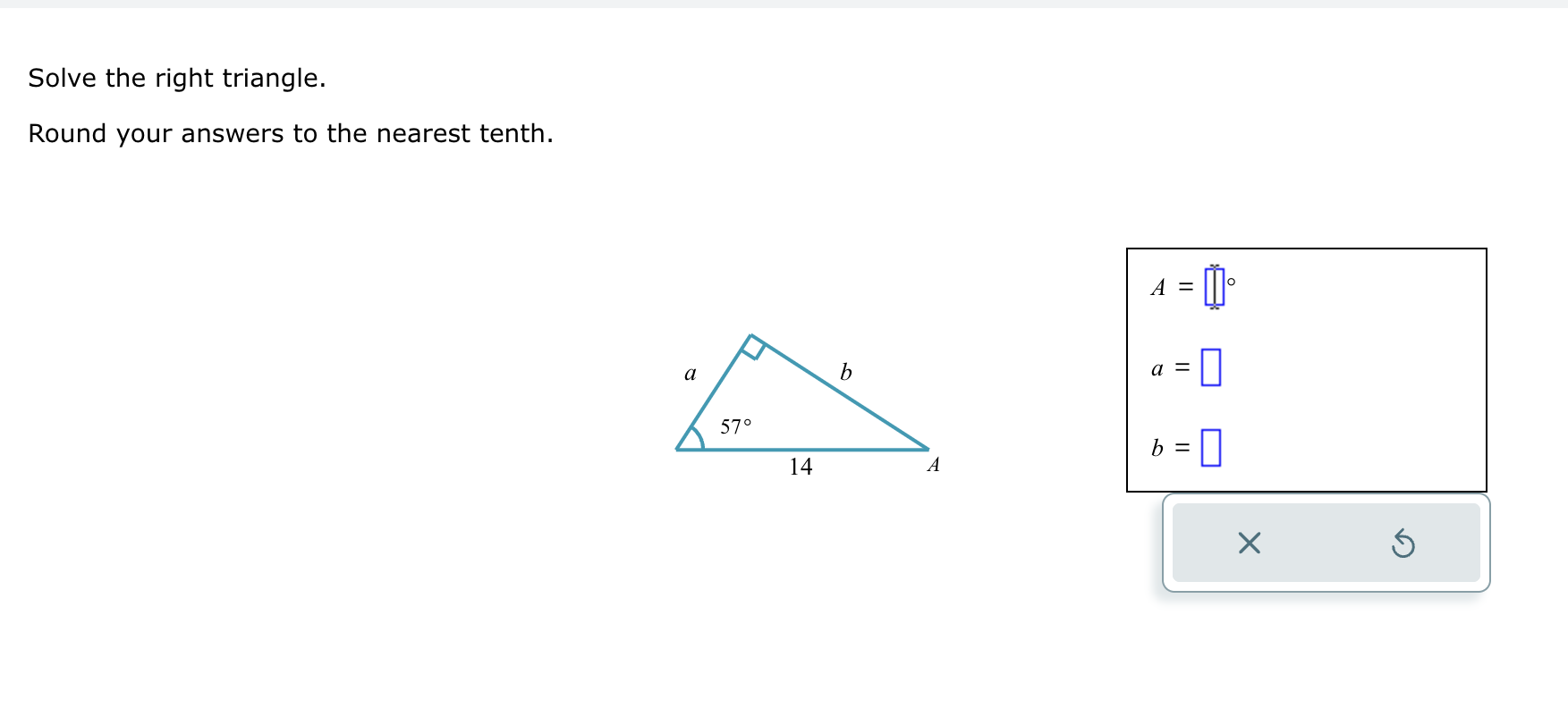 Solved Solve the right triangle.Round your answers to the | Chegg.com