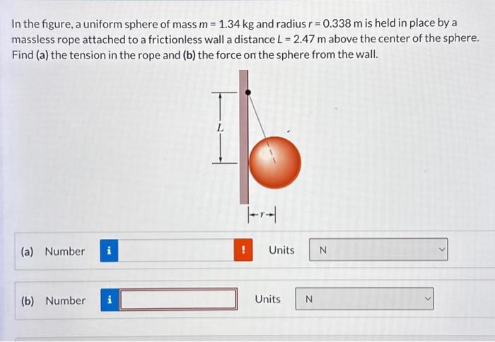 Solved In the figure, a uniform sphere of mass m = 1.34 kg | Chegg.com