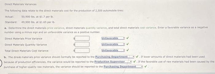 Solved Direct Materials Variances The following data relate | Chegg.com