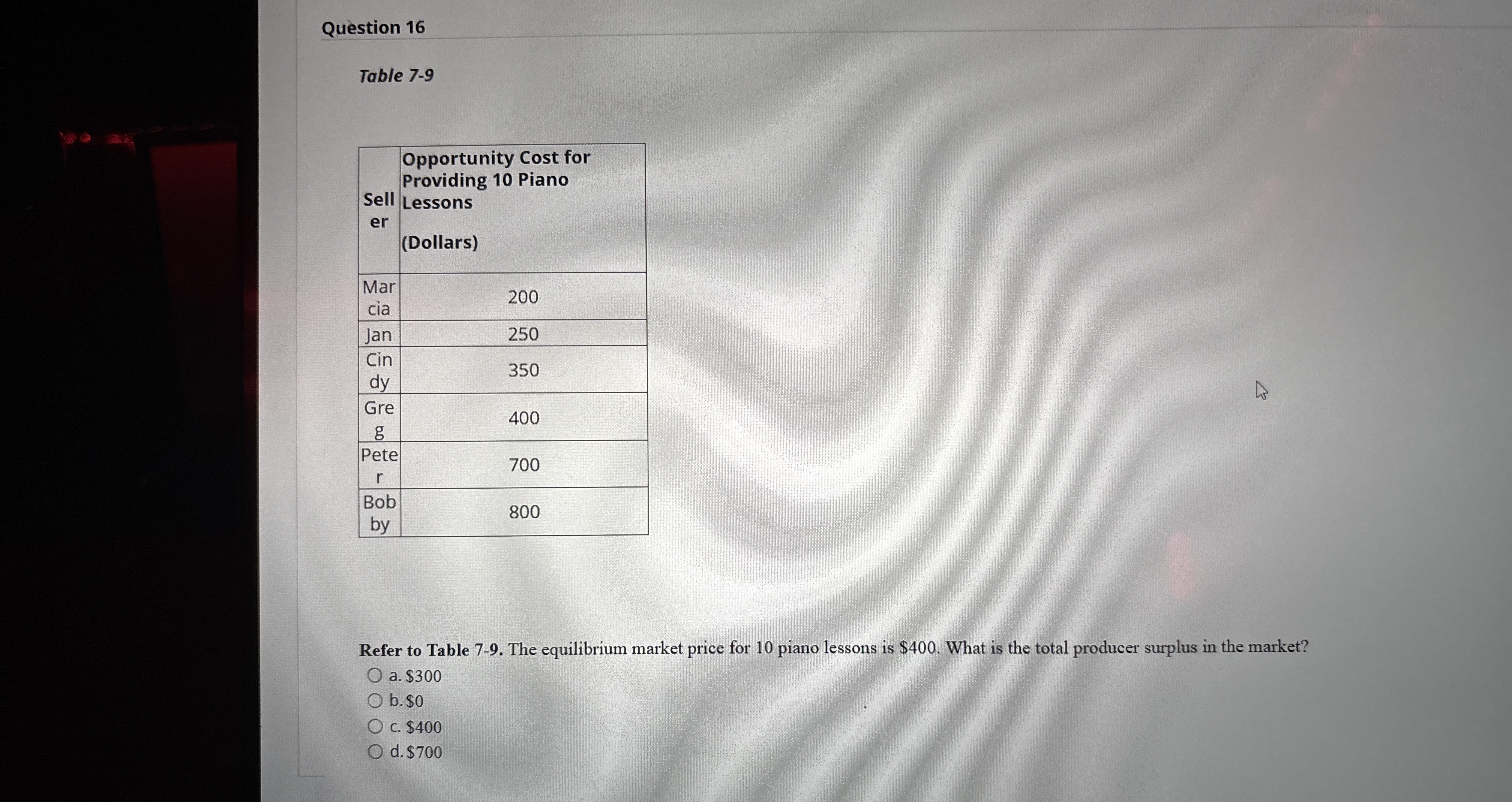 Solved Question 16Table 7-9\table[[,\table[[Opportunity Cost | Chegg.com