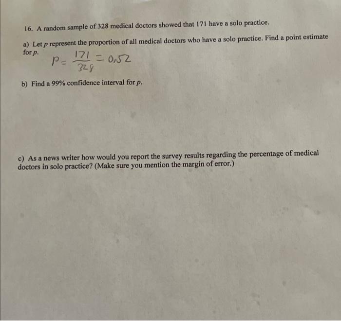 Solved 16. A random sample of 328 medical doctors showed | Chegg.com