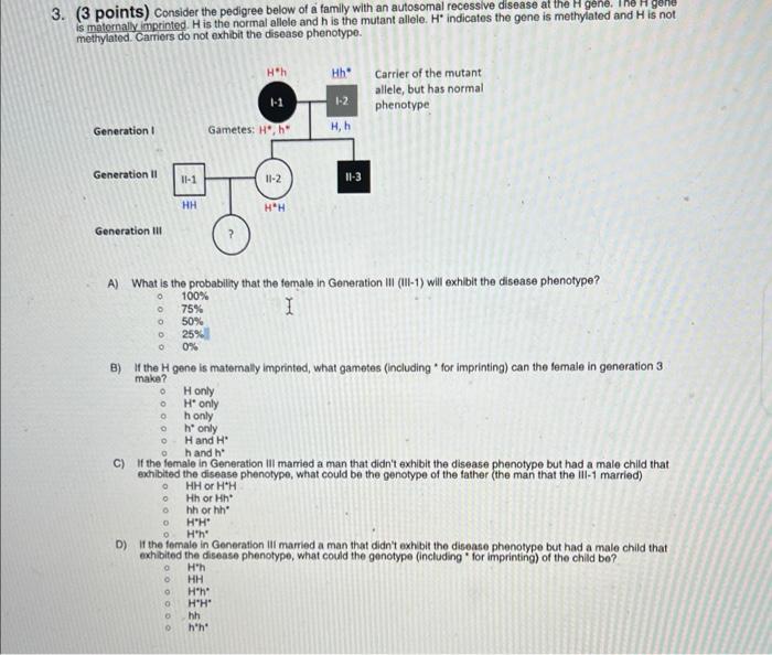 Solved 3. (3 points) Consider the pedigree below of a family | Chegg.com