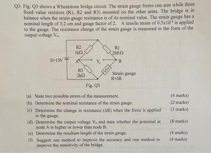 Solved 3. Fig. Q3 shows a Wheatstone bridge circuit. The | Chegg.com