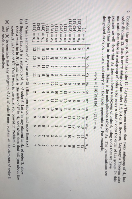 Solved 2. Consider the group A4 that has order 12. | Chegg.com