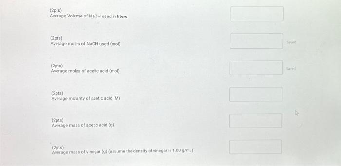 Solved Table 2. Titration data(2pts) Average Volume of NaOH | Chegg.com